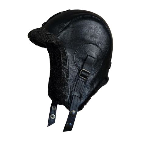 Mens Sheepskin Aviator Hat Black Leather Cote Cuir Leather