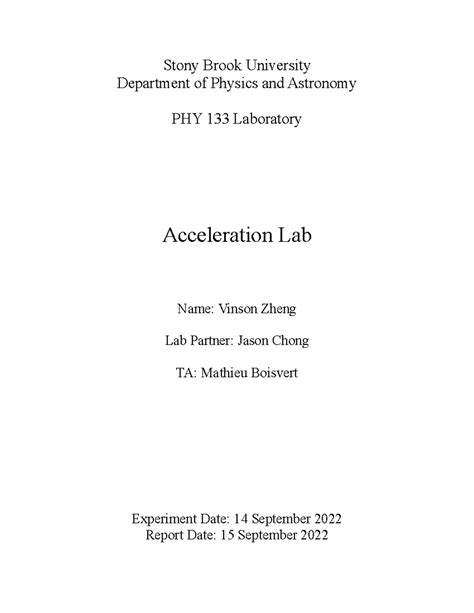 Acceleration Lab Report Stony Brook University Department Of Physics And Astronomy Phy 133