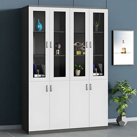 Elegant White Wood Office Storage Cabinet With Clear View Doors 63l
