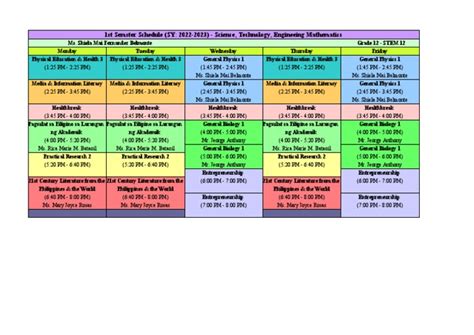 1st Semster Schedule Sy 2022 2023 Science Technology Engineeing
