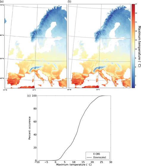 Original E Obs Average Daily Tmax For Year 2001 B Downscaled Average