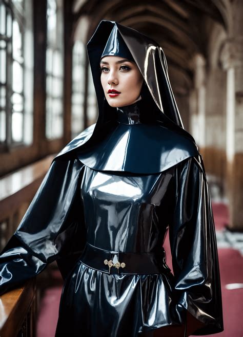 Lexica Woman Cosplaying Glossy Rubber Nun Outfit