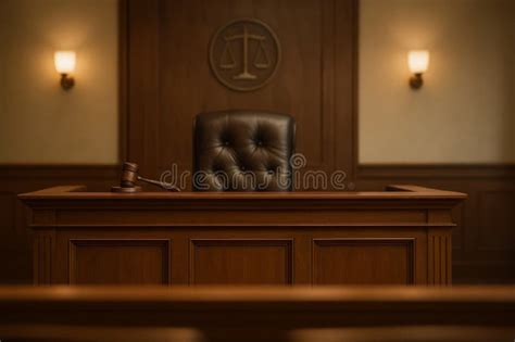 Courtroom Featuring Judges Bench And Gavel In A Wooden Setting During A