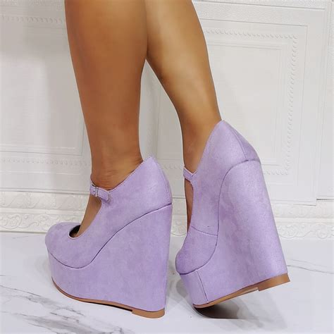 Purple Suede Pumps Women Platform Round Toe Wedges Heels Party Shoes
