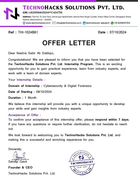 Internship Cybersecurity Digitalforensics Technohacks Careerdevelopment Grateful Nashra