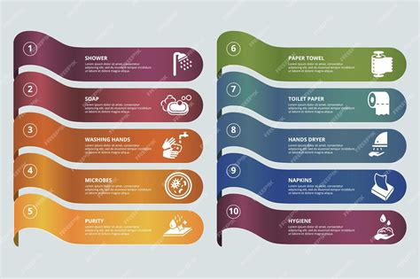 다양한 색상의 인포그래픽 위생 템플릿 아이콘에는 샤워 비누 세척 손 미생물 및 기타가 포함됩니다 프리미엄 벡터