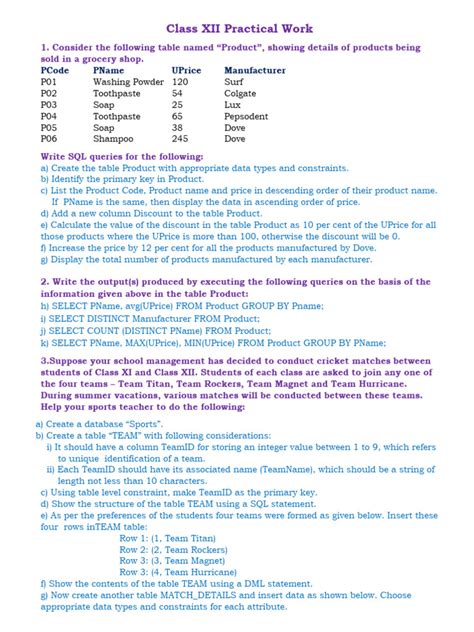 Sql Queries For Class Xii Practical Work Pdf Relational Database