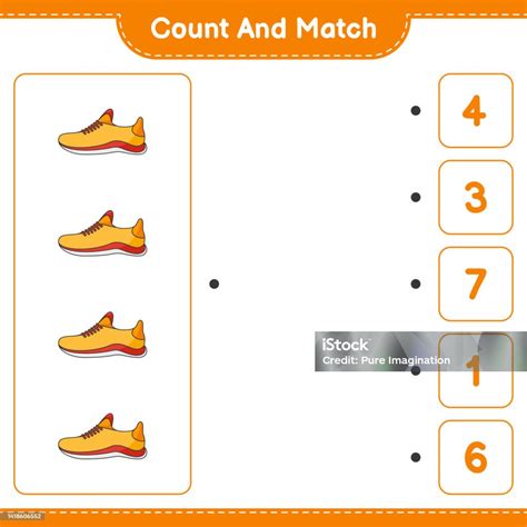 카운트와 매치 운동화 수를 계산하고 올바른 숫자와 일치시킵니다 교육 어린이 게임 인쇄 가능한 워크 시트 벡터 일러스트 레이 션 0명에 대한 스톡 벡터 아트 및 기타 이미지