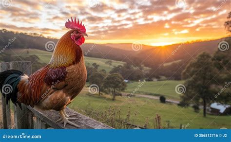 Colorful Rooster At Sunrise On Farm Fence In Scenic Countryside