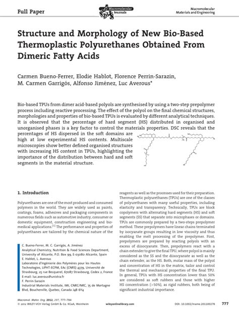 Structure And Morphology Of New Bio Based Thermoplastic Polyurethanes Obtained From Dimeric
