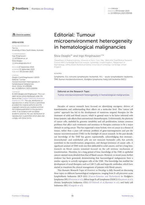 Pdf Editorial Tumour Microenvironment Heterogeneity In Hematological Malignancies