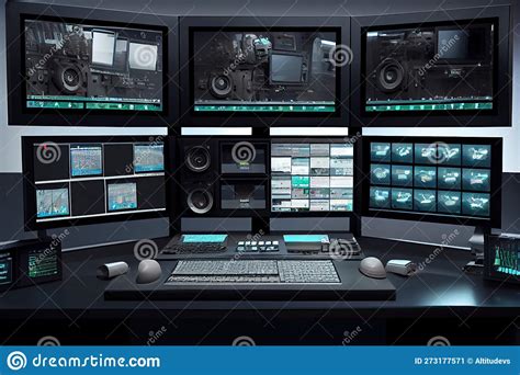 Monitoring Station With Camera Feeds And Screens Displaying Security