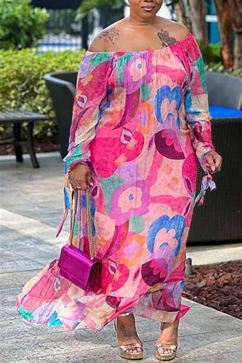 Plus Size Multicolor Casual Print Off Shoulder Maxi Dresses Pre Order