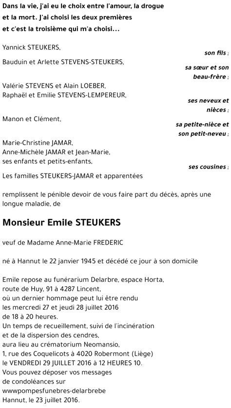Avis De Décès De Emile Steukers Décédé Le 23 07 2016 à Hannut Annonce Condoléances Fleurs