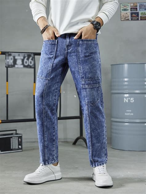 Men Pocket Patched Jeans Mens Fashion Jeans Mens Cargo Jeans