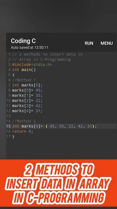 2 Methods To Insert Elements In Array In C Program Array Coding Cprogramming Youtube