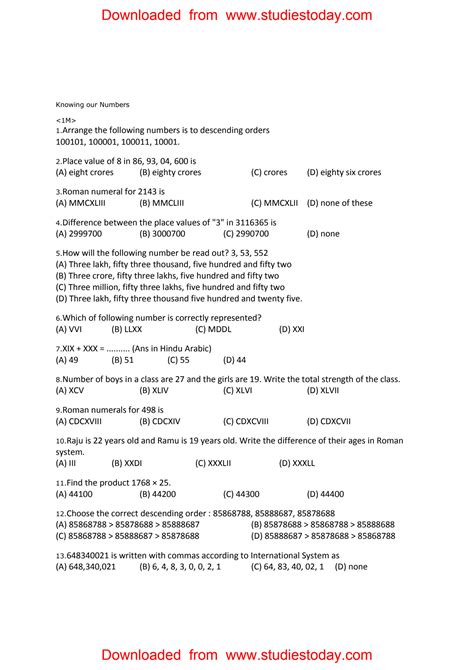 knowing our numbers class 6 worksheet