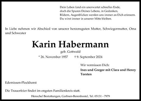 Traueranzeigen Von Karin Habermann Trauer Anzeigende