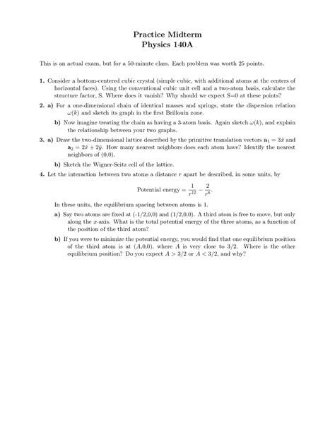 Practice Midterm Exam On Solid State Physics Phy 140a Exams Solid State Physics Docsity