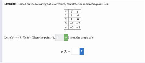 solved exercise based on the following table of values