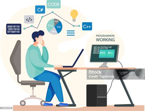 Programmer Engineering And Coding Programmer Working On Web Development On Computers Stock