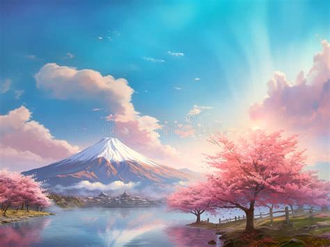 Beautiful Mountain With Reflection On Lake And Pink Sakura And Blue Sky