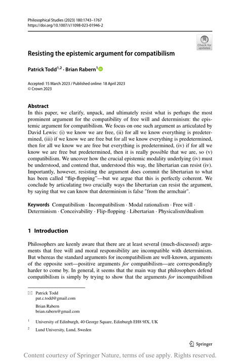 Resisting The Epistemic Argument For Compatibilism Request Pdf