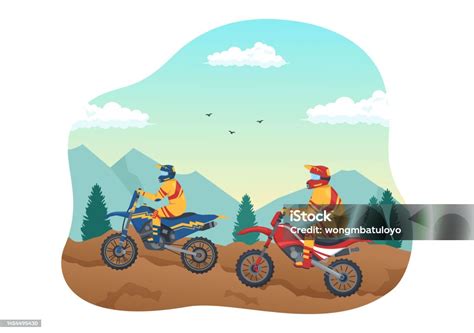 진흙 바위가 많은 도로 익스트림 스포츠 플랫 만화 손으로 그린 템플릿에서 자전거를 타는 라이더와 함께 하는 모토크로스 그림 Championship에 대한 스톡 벡터 아트 및