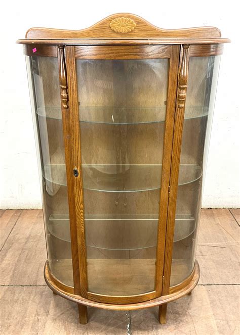 Lot Antique Oak Wood Bow Front Curio Cabinet