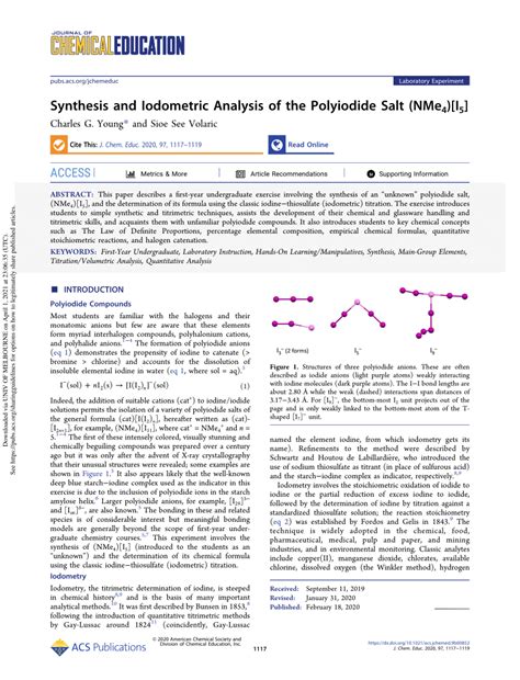 Pdf Synthesis And Iodometric Analysis Of The Polyiodide Salt Nme 4