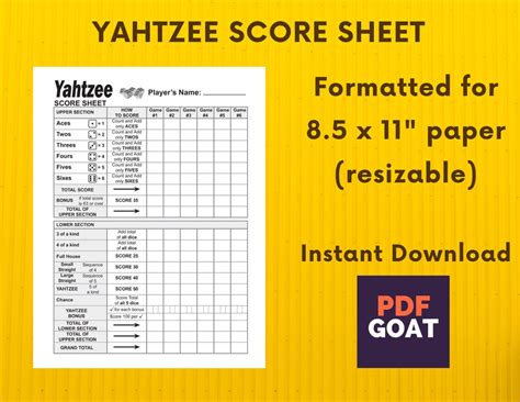 Yahtzee Score Sheet Printable File Instant Pdf Download 85x11 In