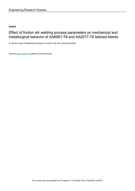 Pdf Effect Of Double Pass Friction Stir Welding And Base Materials Position On The