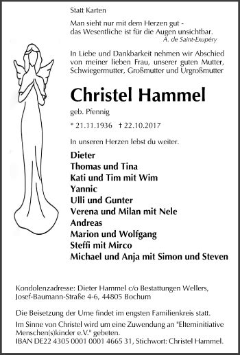 Traueranzeigen Von Christel Hammel Trauer In Nrw De