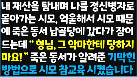 신청사연 내 재산을 탐내며 나를 정신병자로 몰아가는 시모 억울해서 시모 때문에 죽은 동서 납골당에 갔다가 잠이 드는데 형님 ~ 신청사연 사이다썰 사연라디오