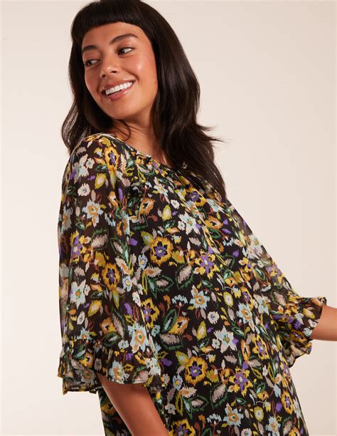 Multi Floral Raglan Sleeve Tunic Dress Blue Vanilla