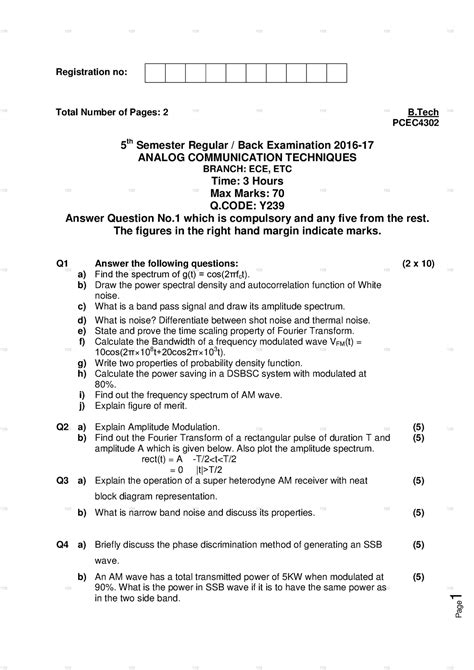 Analog Communication Techniques Registration No Total Number Of Pages Q1 Answer Question No
