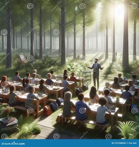 A Teacher Leading A Class Of Students In An Outdoor Classroom Stock