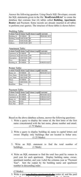 Solved Answer The Following Question Using Oracle Sql