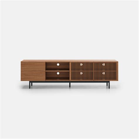 Mid Century Modern Tv Stand With Louvered Wood And Slatted Doors Povison
