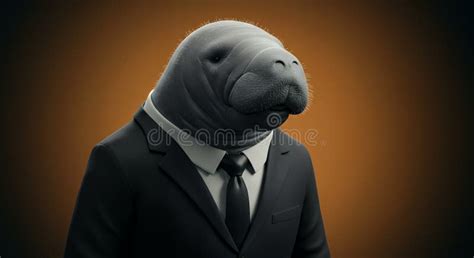 Manatee Wearing Business Suit And Tie Against A Dark Background Stock