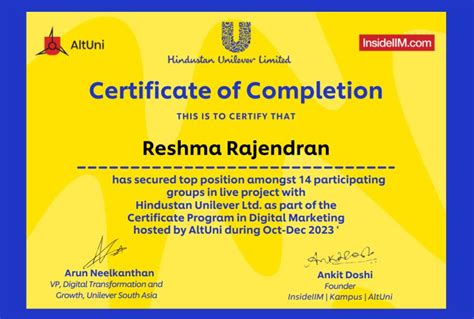 Glad To Have Secured Top Position In Live Project By Unilever