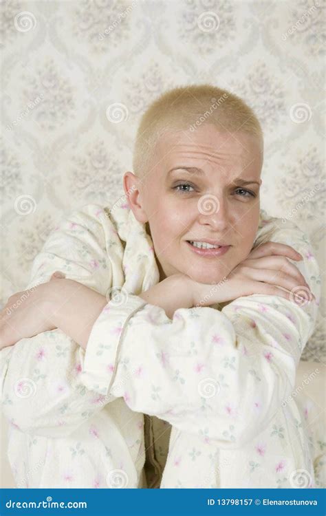 Blond Bald Woman Sitting On Bed Stock Image Image Of Insult Woman