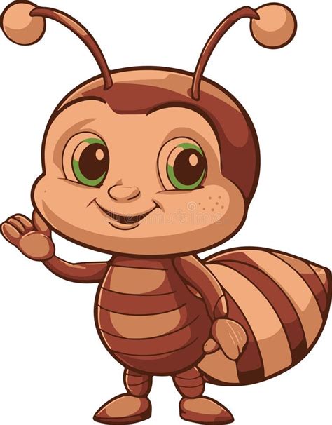 Adorable Cartoon Ant With Big Eyes Red Body Green Leaves Antennae