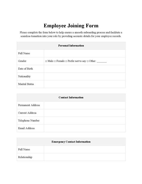Free Employee Joining Form Template Pdf And Word