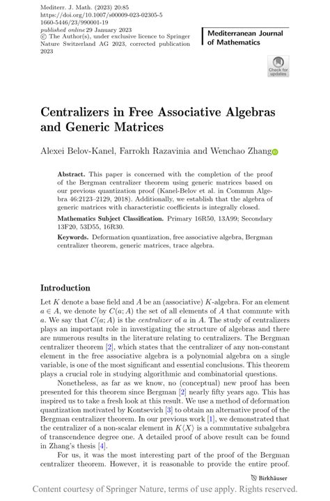 Centralizers In Free Associative Algebras And Generic Matrices Request Pdf