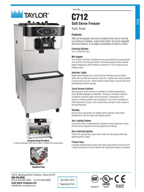 Taylor C712 Softservefreezer Specsheet 1 Pdf Refrigerator