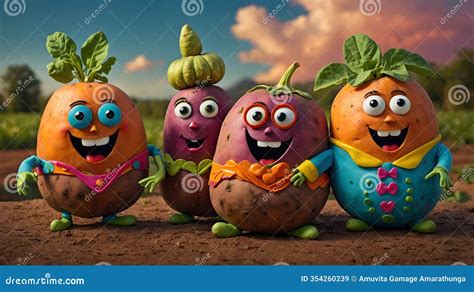 Sweet Potato Adventures Cartoon Characters Dancing And Jamming In A Colorful World Stock