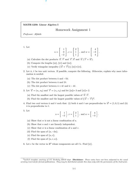 Hw1 Homework Assignment 1 N Math 1250 Linear Algebra I Homework Assignment 1 Professor