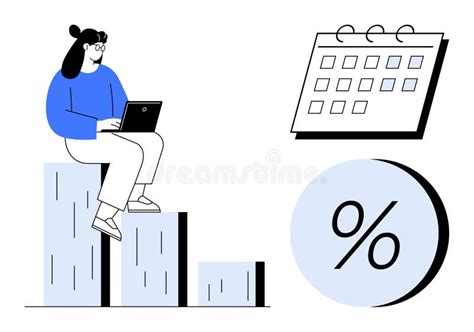 Woman Analyzing Data On Laptop Seated On Bar Graph With Calendar And Percentage Symbol Stock