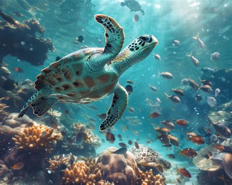 Colorful Underwater Marine Life And Turtle In A Vibrant Coral Reef